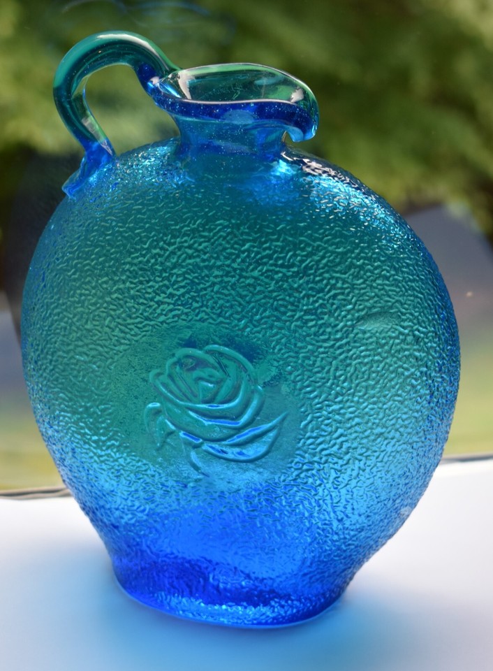 Blue Glass Pitcher Decanter Blown Iridescent Embossed Rose Textured ...