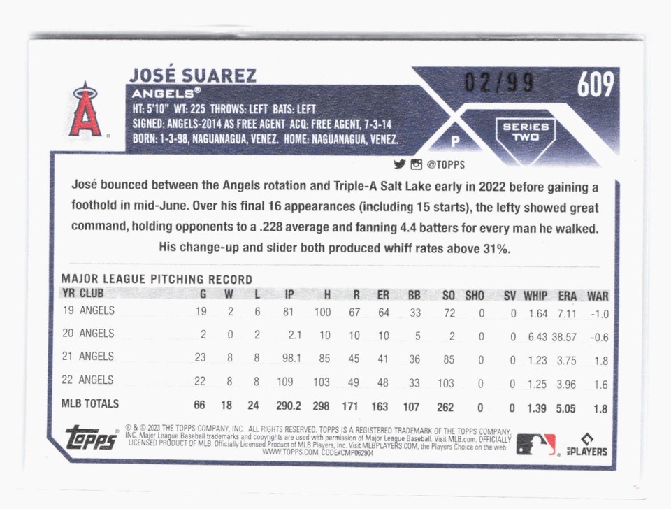 2023 Topps Jose Suarez #/99 Vintage Stock Parallel SP 609 Angels | eBay