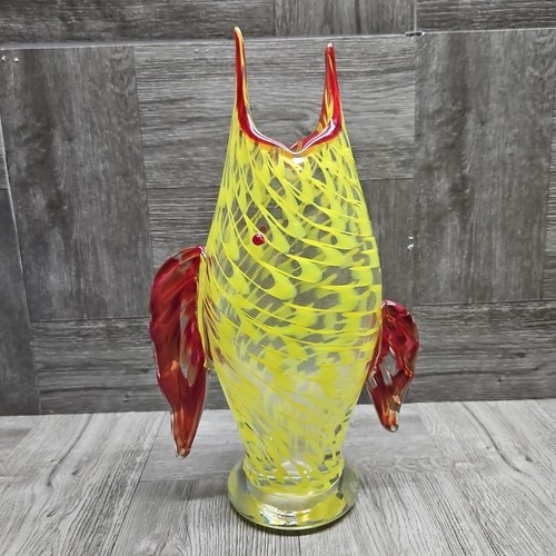 HAND BLOWN GLASS FISH VASE Murano Style Yellow Red Orange 11" | eBay