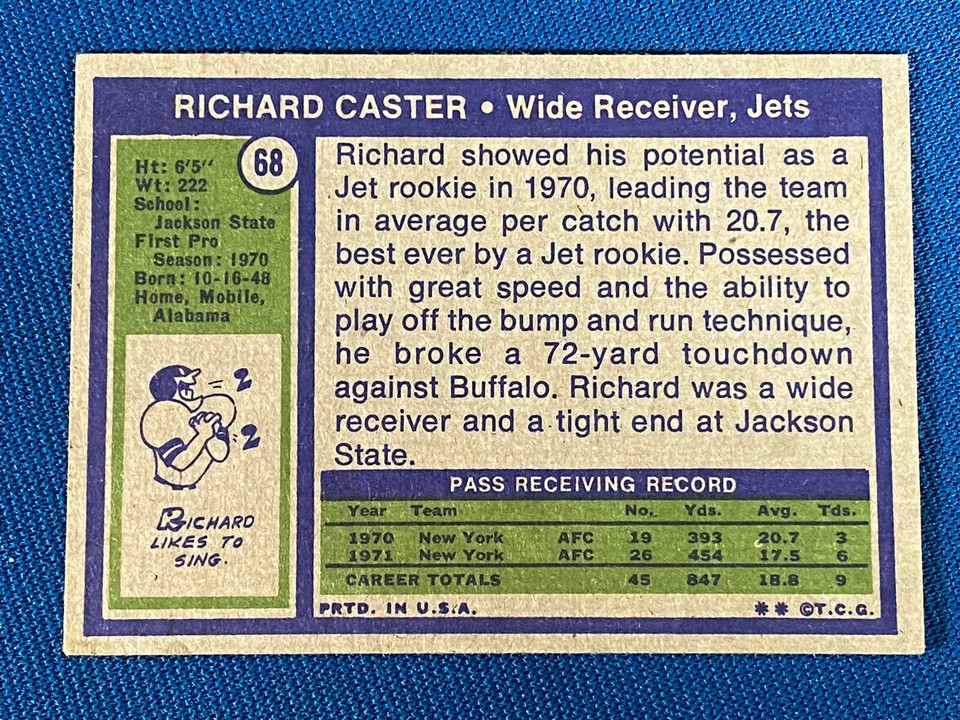 1972 Topps Richard Caster Football Card #68 New York Jets | eBay
