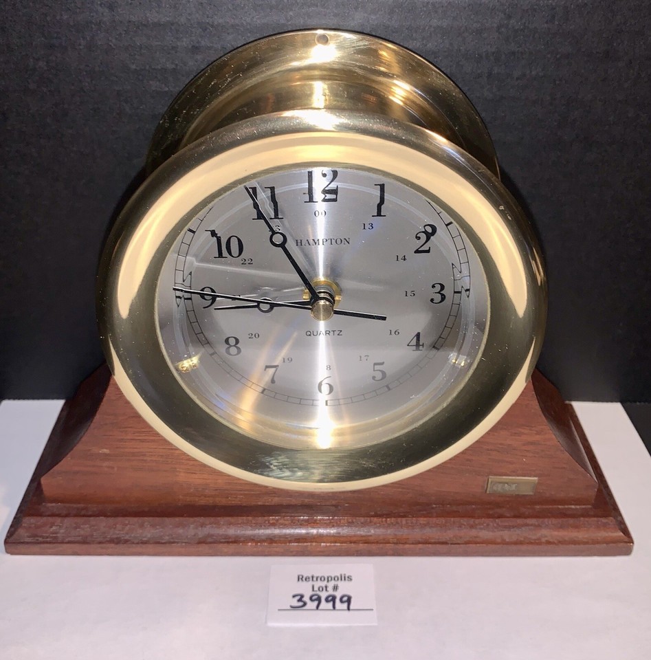 Vintage Hampton Quartz Ship or Mantel Clock With Stand Wood & Brass ...