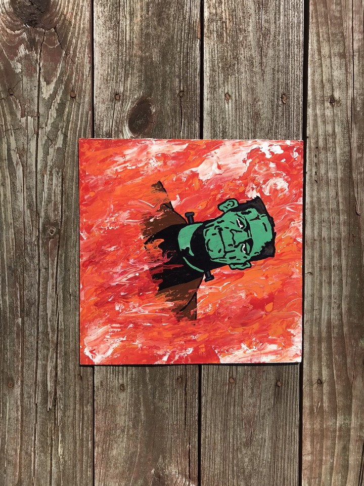 FRANKENSTEIN Pop Art “Frank’s Red Hot” 12x12 ORIGINAL Masonite Fire ...
