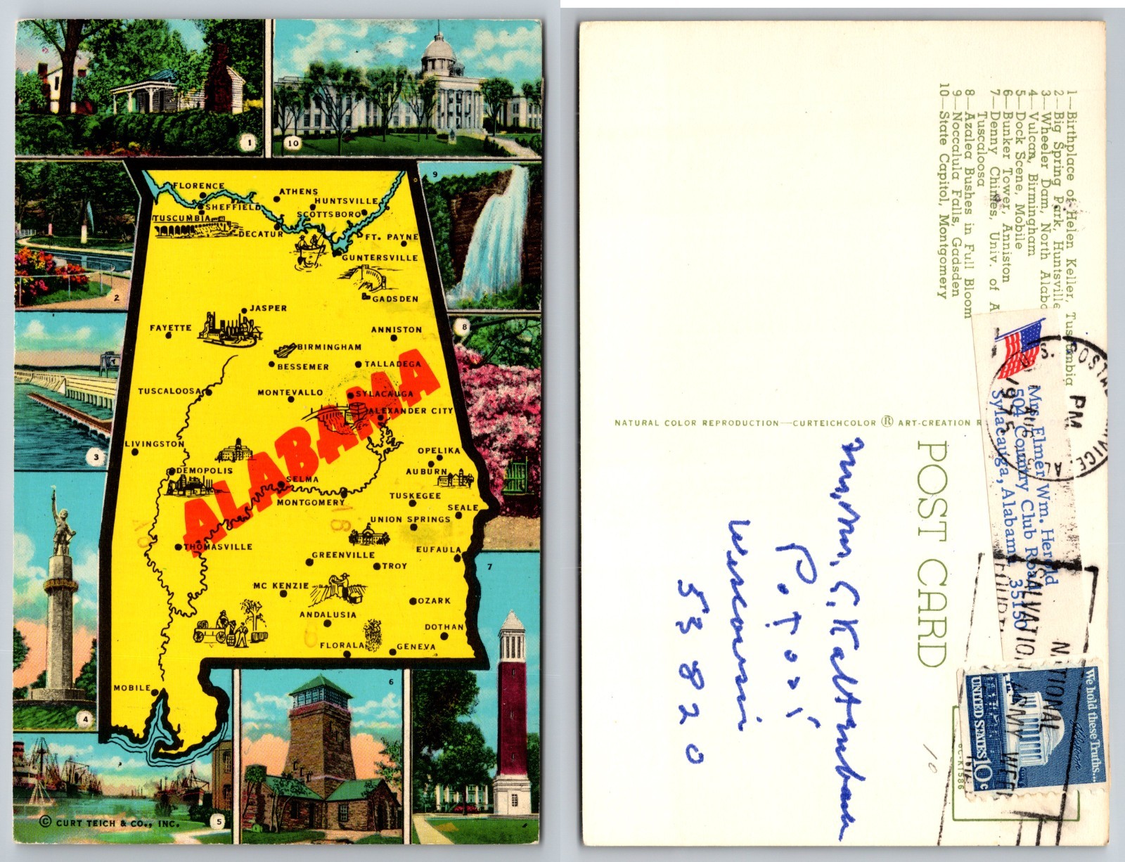 Alabama Map Landmarks Colorful Postcard | eBay