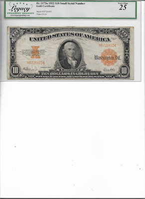 SMALL SERIAL NUMBER GOLD CERTIFICATE $10 FR 1173a 1922 VERY FINE 25 | eBay