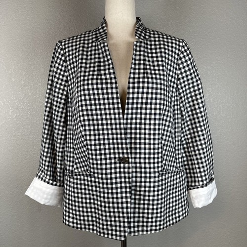 Talbots Womens One Button Blazer Size 16 Black White Gingham Plaid Linen Blend | eBay