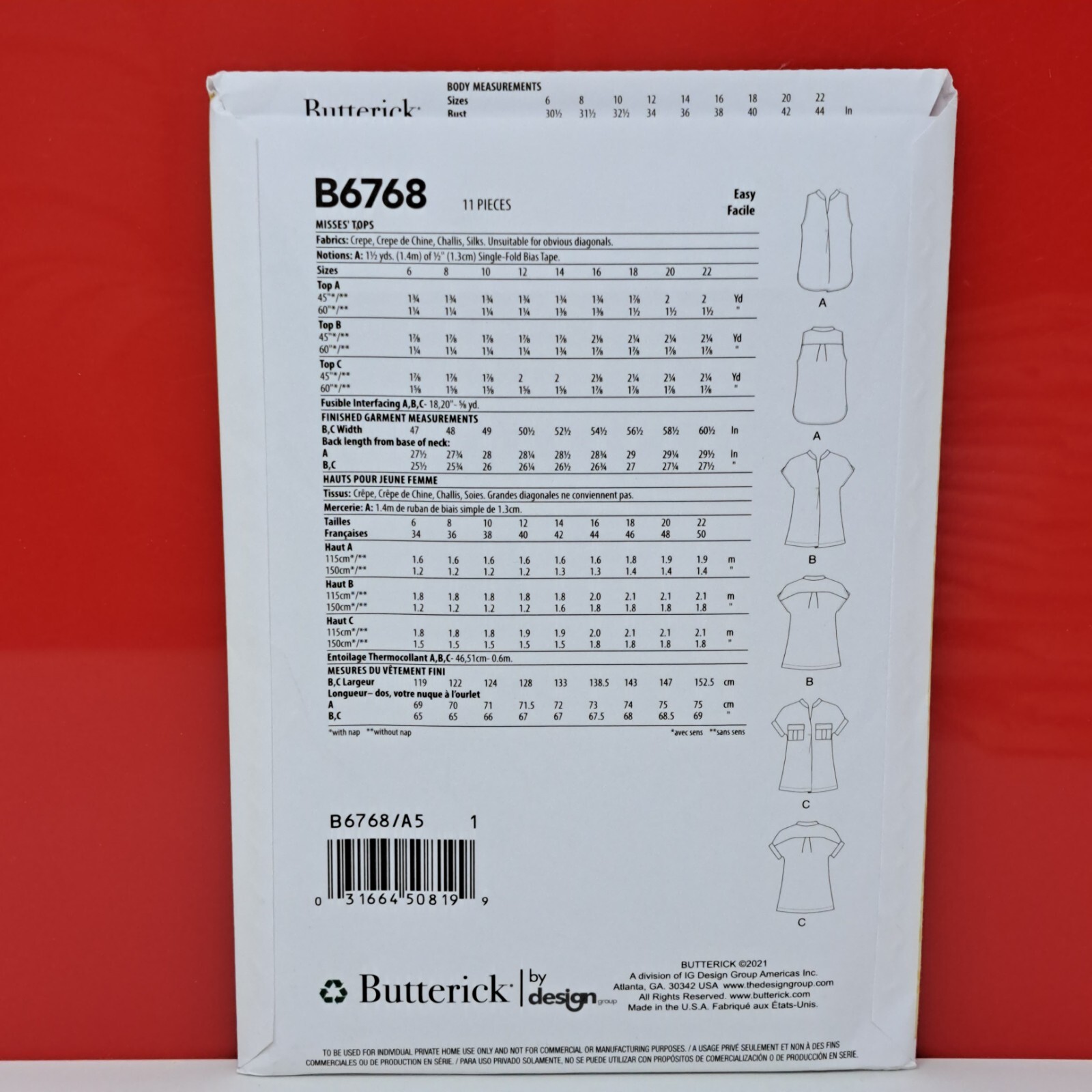 NEW/UNCUT Butterick B6768 Misses Tops Pattern 3 Variations (Sizes 6-14 ...