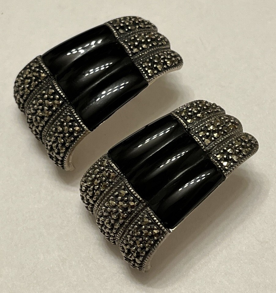 Judith Jack Large Sterling Silver Marcasite Black Onyx Pierced Earrings ...