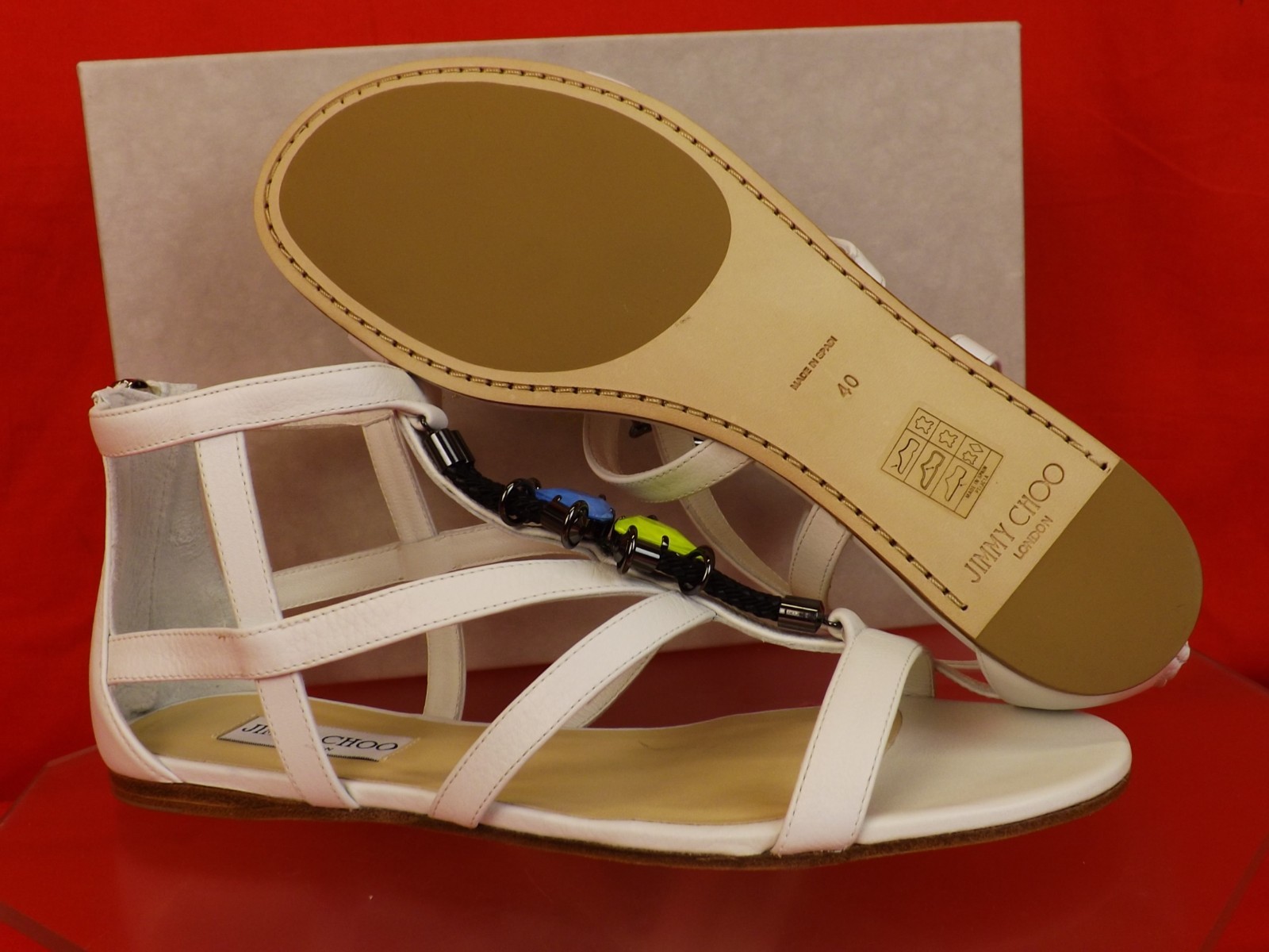 JIMMY CHOO NANO OPTIC WHITE LEATHER JEWELED CAGE FLATS GLADIATORS ...