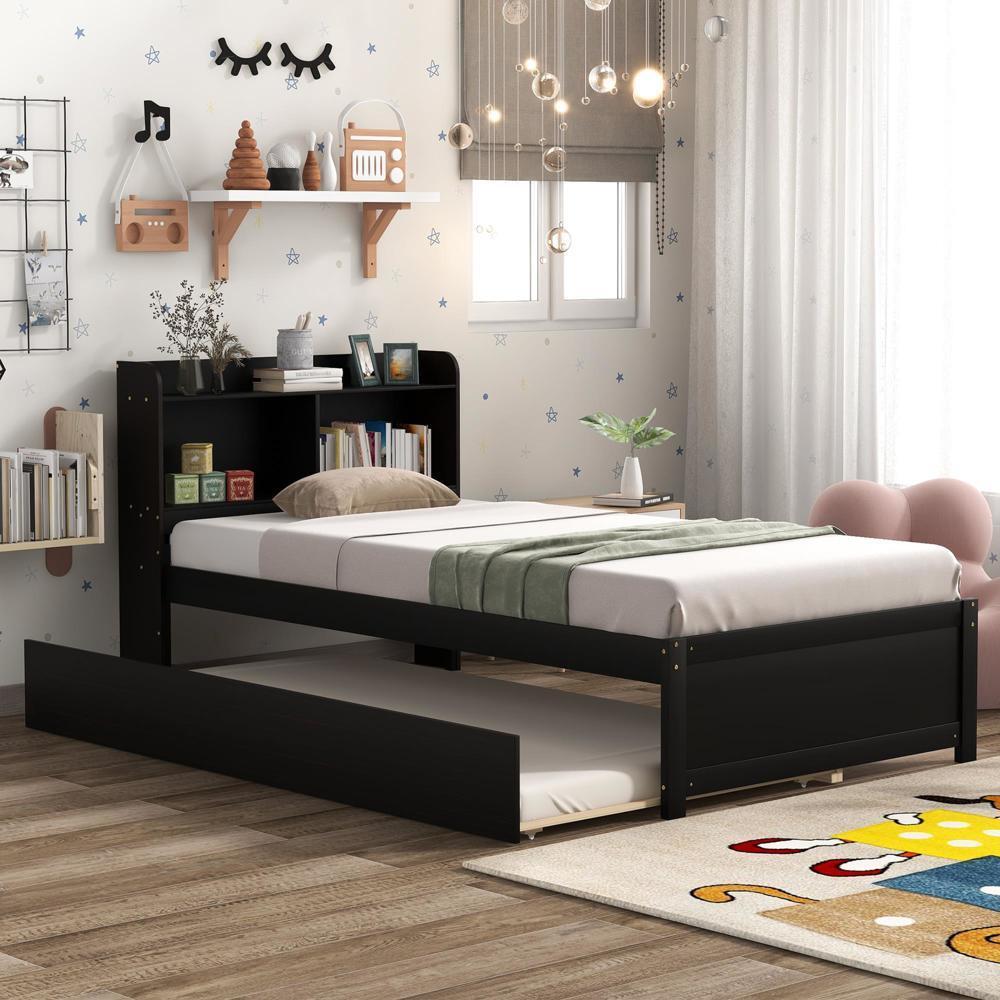 Twin Size Bed Frame with Pull-Out Trundle for Guest and Bookcase ...