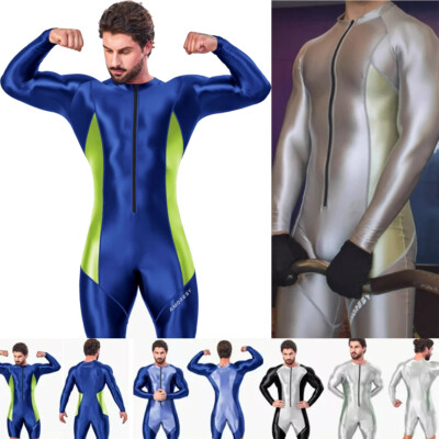 AMORESY Men Shiny Glossy Tracksuits Bodysuit Tights Jumpsuits Overalls ...