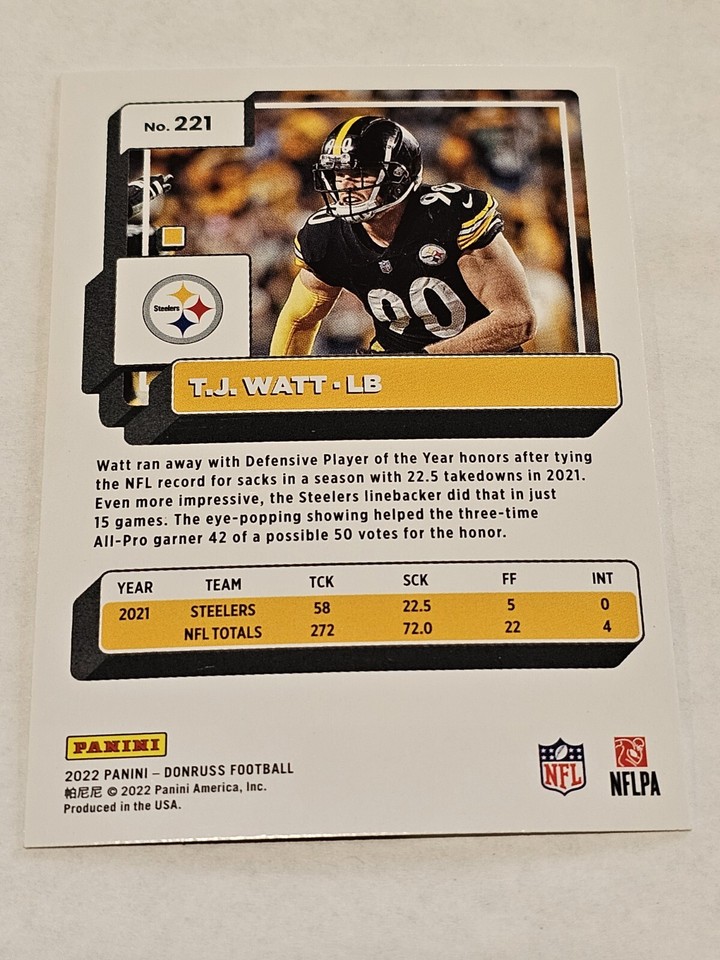T.J. Watt 2022 Panini Donruss Football NFL Base Card #221 Pittsburgh ...