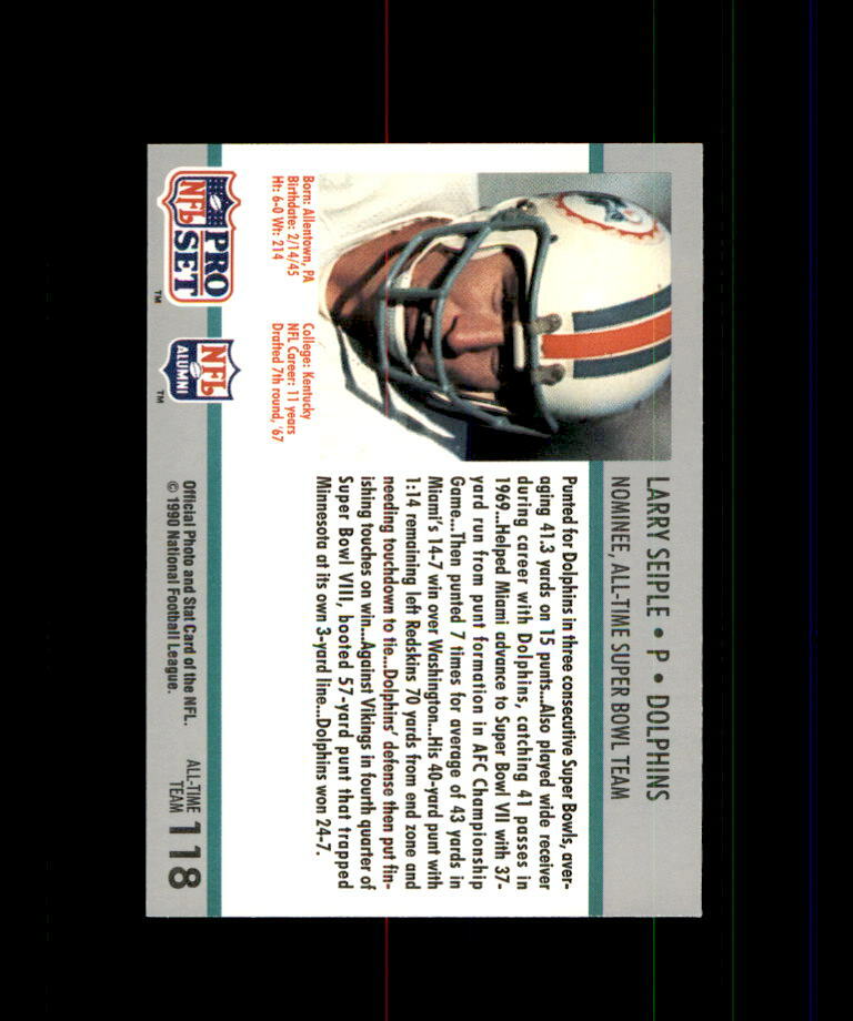 LARRY SEIPLE MIAMI DOLPHINS 1990 PRO SET SUPER BOWL SUPERMEN #118 MINT ...