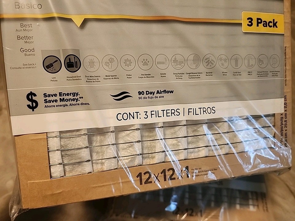 3M Filtrete Basic Air Filter 90 Day 12 X 12 X 1 Pleated Furnace Pack Of ...