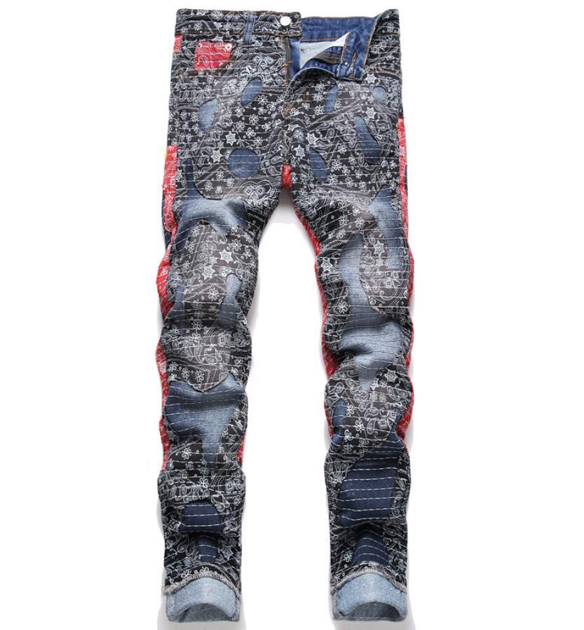 Men's Blue Denim Straight Leg Jeans Floral Pants Trousers Punk Hip Hop ...