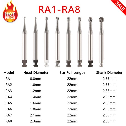 RA1-8 Dental lab Clinic Low Speed RA Round Carbide Burs for Slow Speed ...