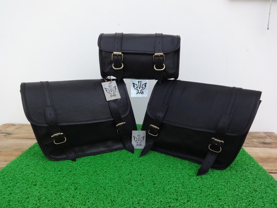 COMBO Real Black Leather Saddle Bag 2 Side Bag 1 Tool Pouch Motorcycle ...