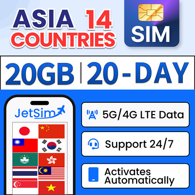 Asia SIM Card - 20GB High-Speed, 20 Day JetSim/Travel SIM | eBay