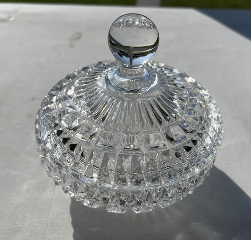 Candy Dish Bowl Small Round Clear Cut Glass w/ Ball Finial Lid Charming ...