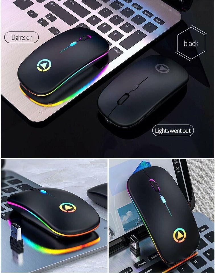 2.4GHz Wireless Optical Mouse USB Rechargeable RGB Cordless Mice For PC ...