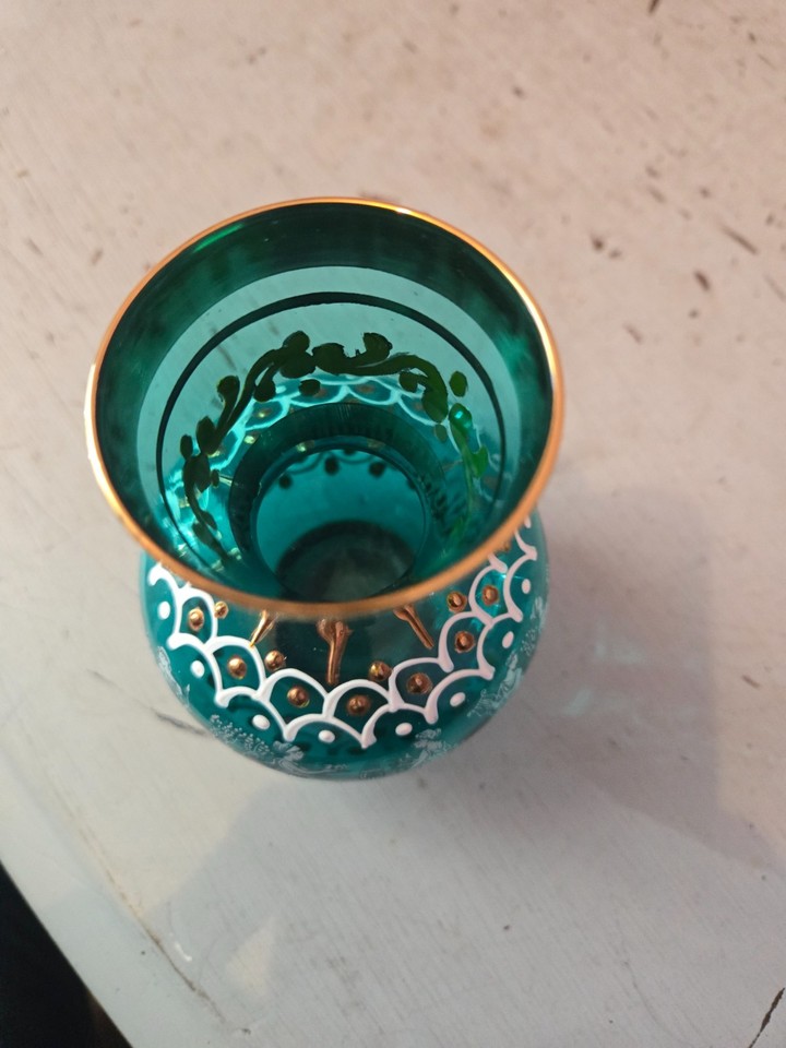 vintage hand-painted Italian glass bud vase in a teal or turquoise ...
