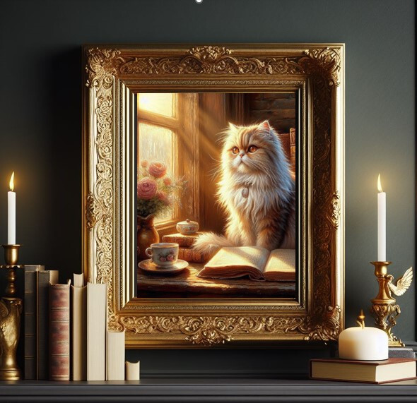 Fluffy Tabby Himalayan cat in window, oil Painting print art picture ...