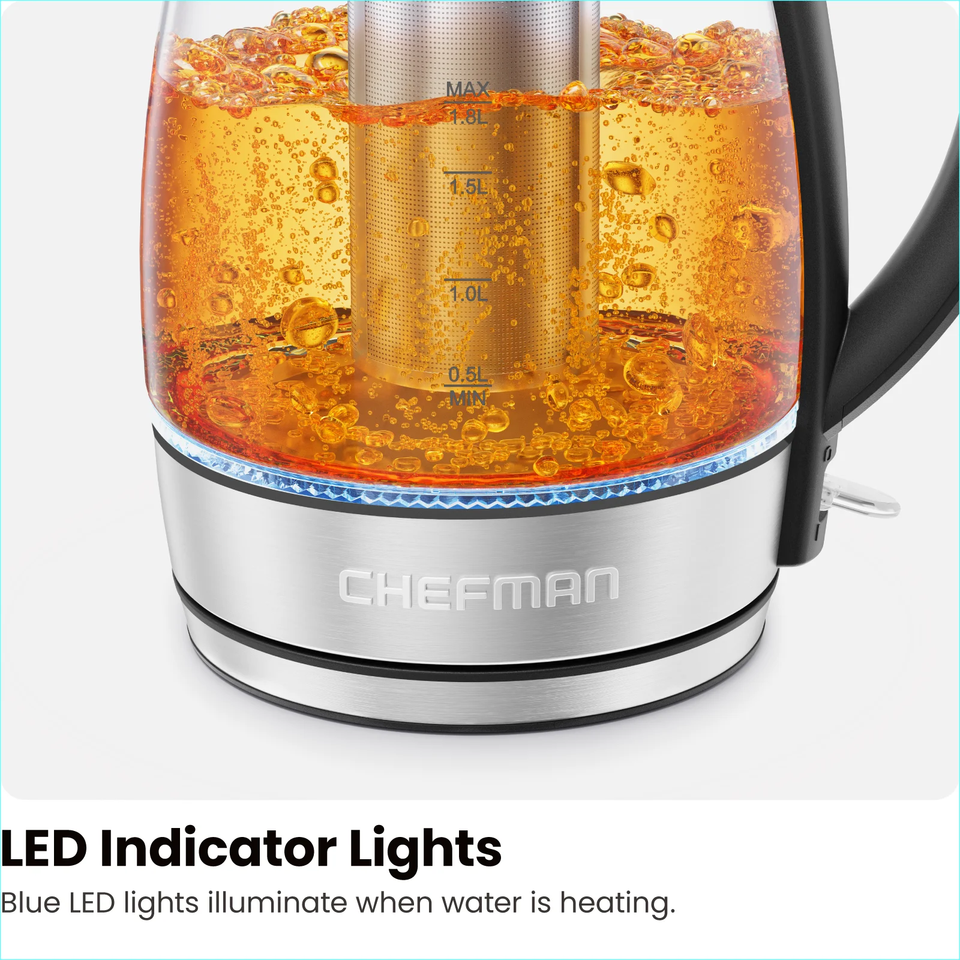 Chefman Fast Boiling 1.8L Electric Glass Kettle, Removable Tea Infuser ...