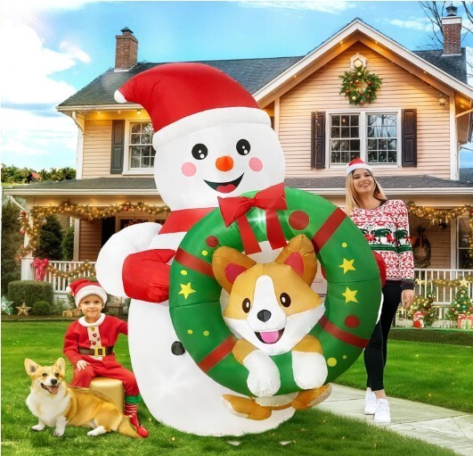 6FT Christmas Inflatable Snowman Decoration with Corgi Wreath and LED ...