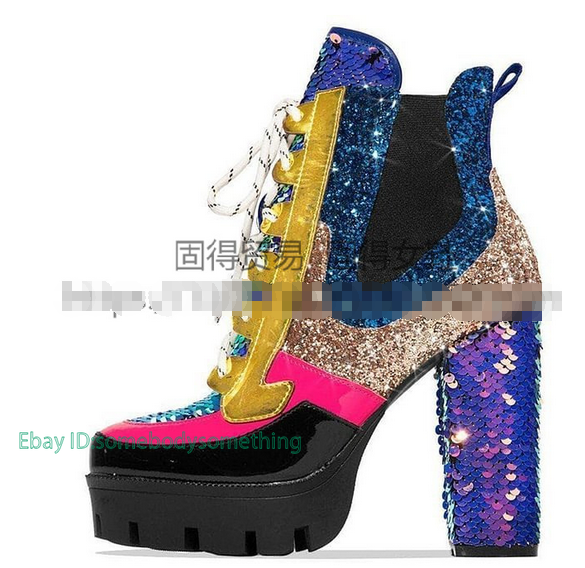 Women's New Sequin Glitter Chelsea Booties Ankle Boot Lace-Up Platform ...