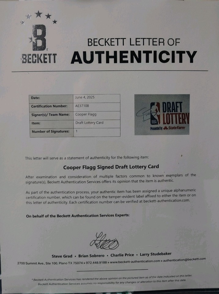 COOPER FLAGG Autograph NBA Draft Lottery Card 1/1 Beckett LOA Future ...