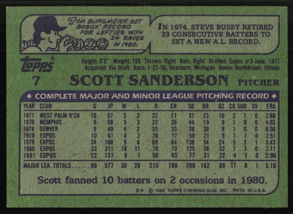 1982 Topps Scott Sanderson #7 Montreal Expos | eBay