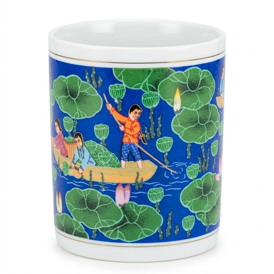 Chaleur Coffee Mug, Vibrant Lotus Pond Fishing Scene, Ceramic, 14 Oz, 4 ...
