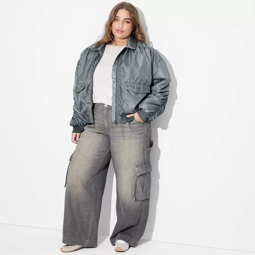 Women's Washed Nylon Bomber Jacket - Wild Fable Teal Blue XXL: Loose ...