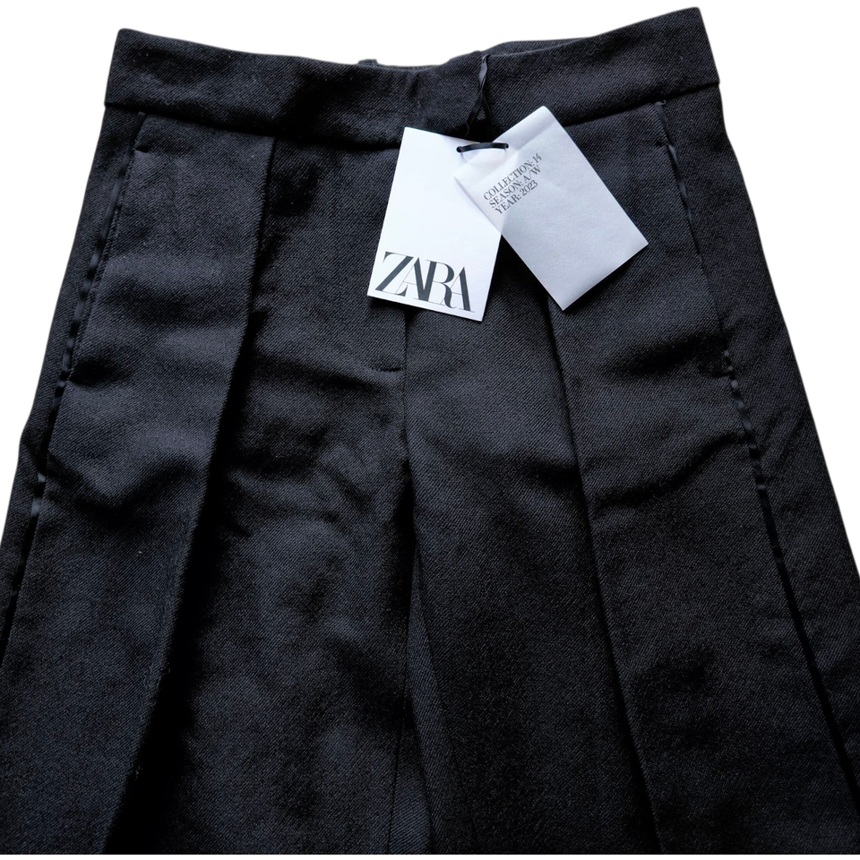 ZARA Damen Woll Hose Mit Bundfalte Gr XS Schwarz Wolle High Waist Wide ...