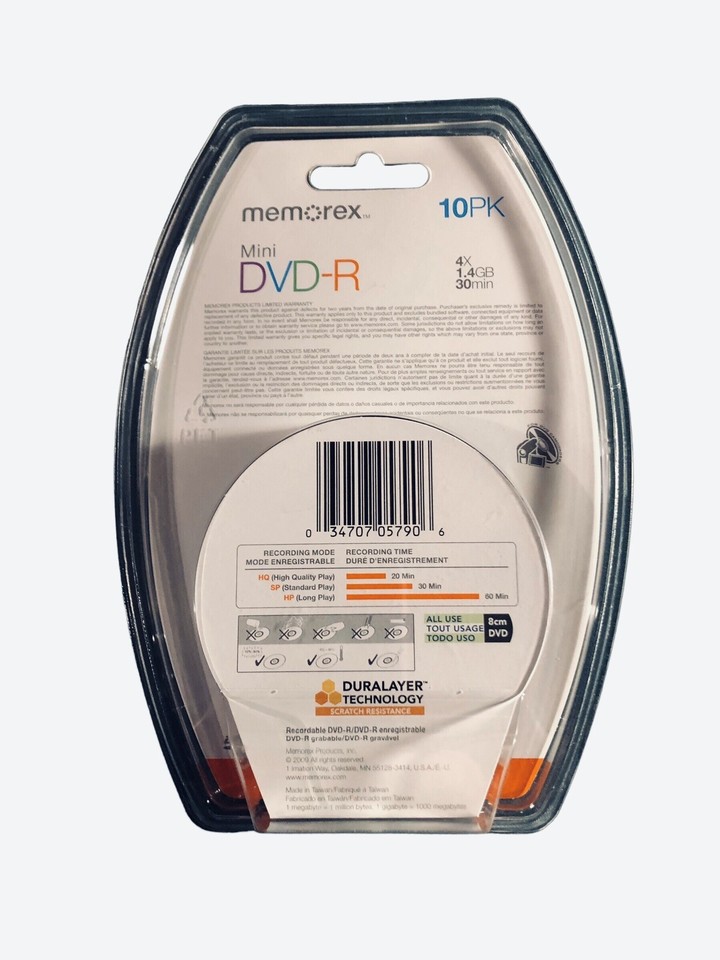 NEW Sealed Memorex Mini DVD-R 4x 1 .4 GB 30 Min Single Sided 10 Pack ...