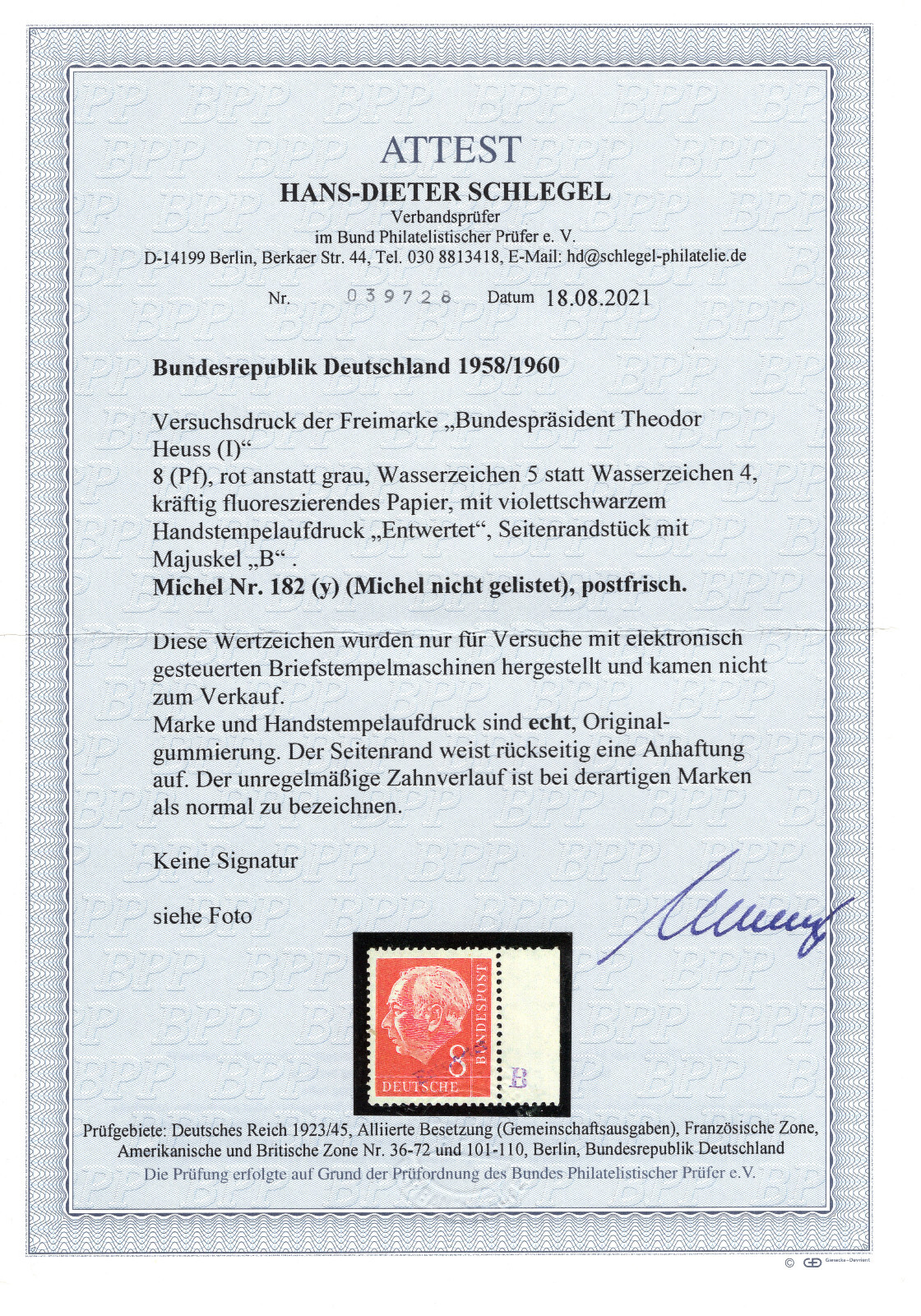 BRD 1958 Nr. 182 (y), Heuss Probedruck, Unikat, abweichende Farbe ...