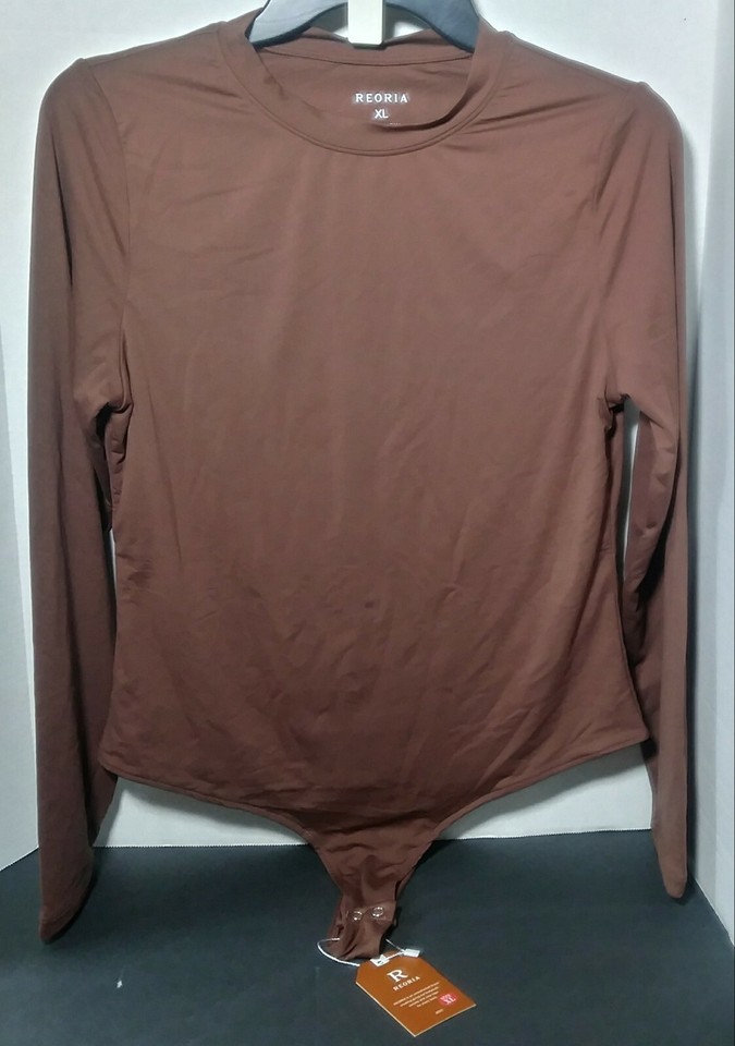 REORIA Women's XL Coffee Bodysuit One-Piece Crew Neck Long Sleeve Form ...