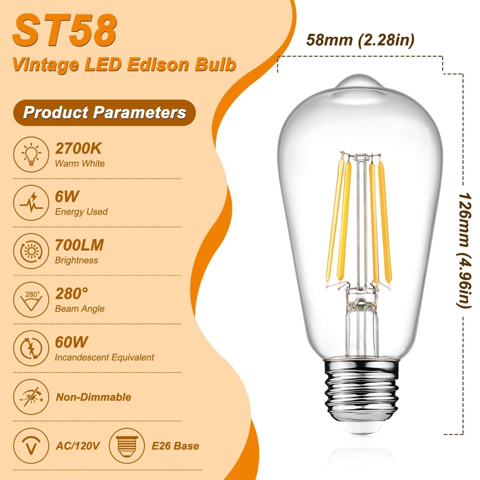 Ascher 12-Pack Vintage LED Edison Light Bulb 60W Equivalent, Decorative ...