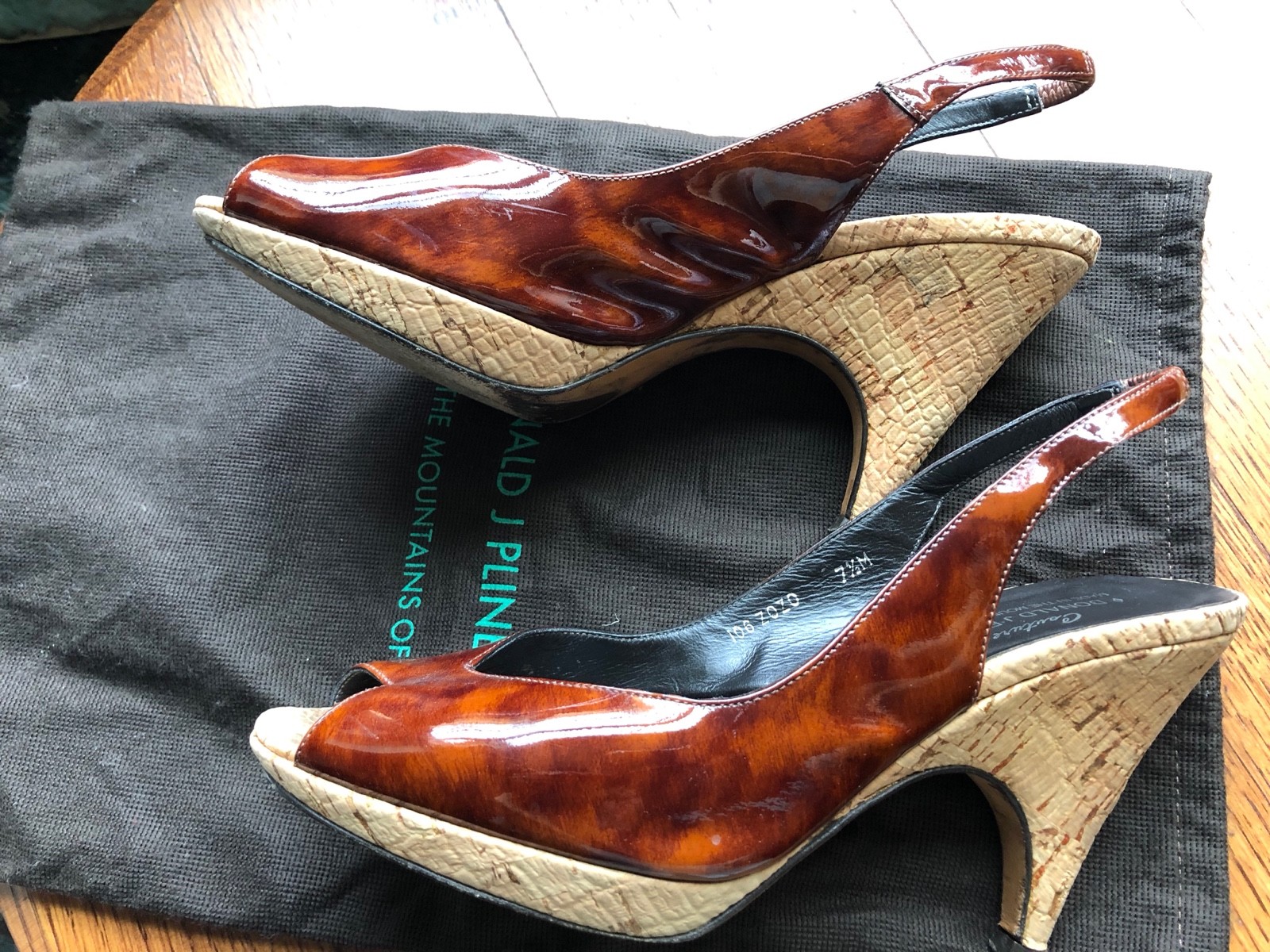 Donald J Pliner Couture Tortoise shell patent brown leather Cork heels ...