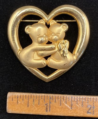 Vintage JJ Jonette Teddy Bears Heart Goldtone Signed Brooch Pin | eBay