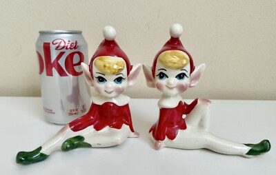 2 Christmas Pixie Elf Figurines Large Kitsch Decor 5.5” Mcm Japan ...