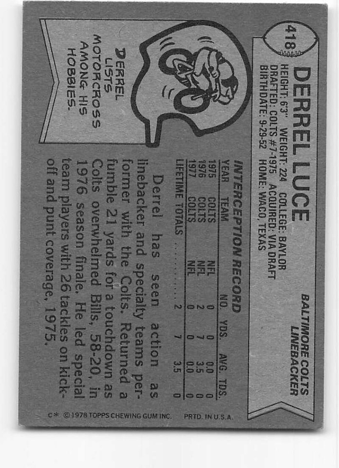 1978 Topps #418 Derrel Luce EX Excellent Colts 115176 | eBay