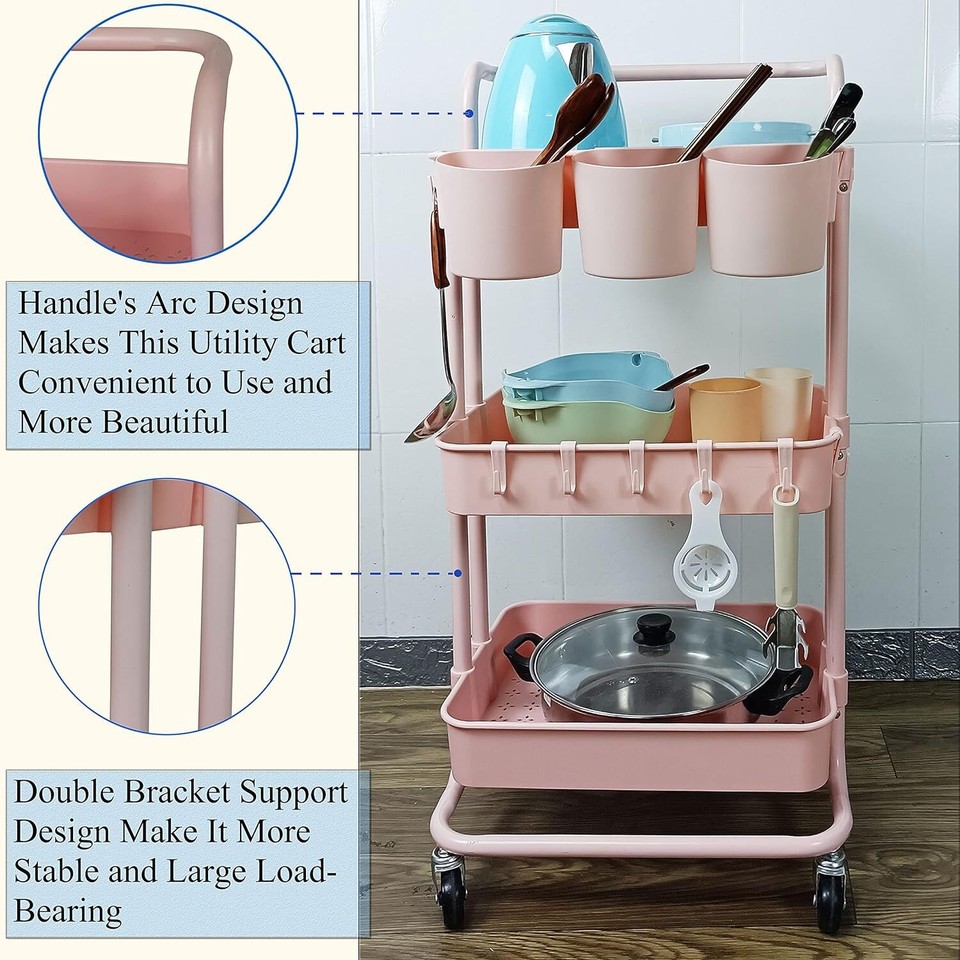 Freletry 3 Tier Utility Rolling Cart Storage Pink 3 Cup+8 Hook+2 Box | eBay
