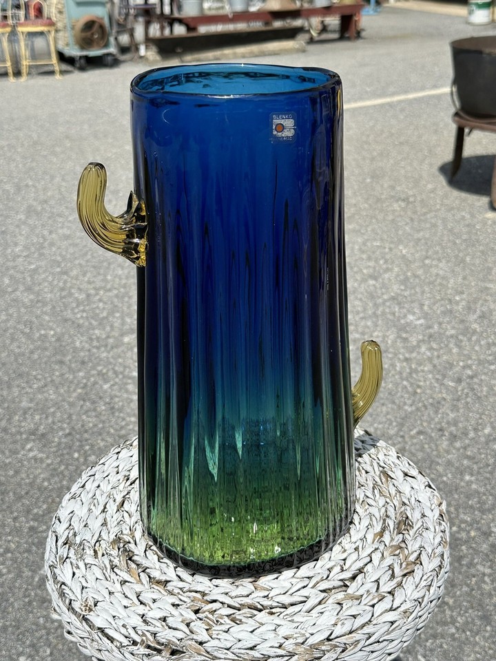 RARE EXTRA LARGE - 14.5” Blenko Cactus Vase Desert Green/Topaz Trey ...