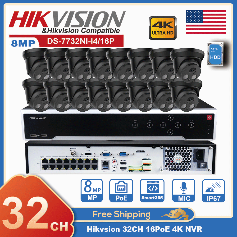 4K Hikvision 32CH Security IP Camera System 16PoE 12MP NVR 8MP MIC IR50 ...