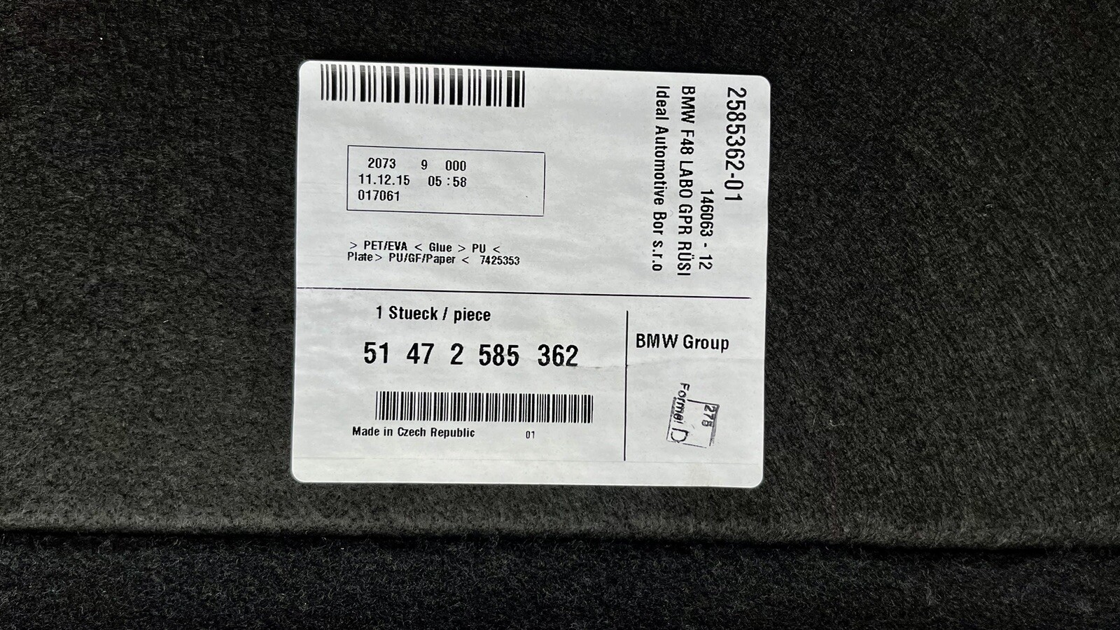 BMW X1 F48 F49 2016 Trunk boot floor carpet liner 7425352 SKE17642 ...