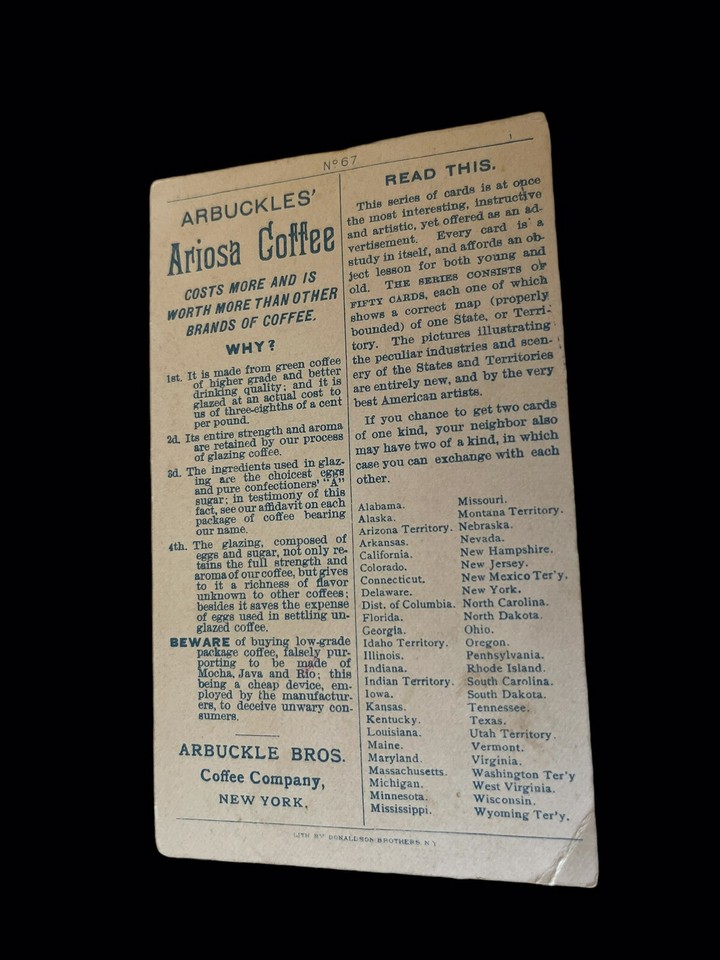 1889 ARBUCKLE BROS. COFFEE COMPANY VICTORIAN TRADE CARD STATE OF ...