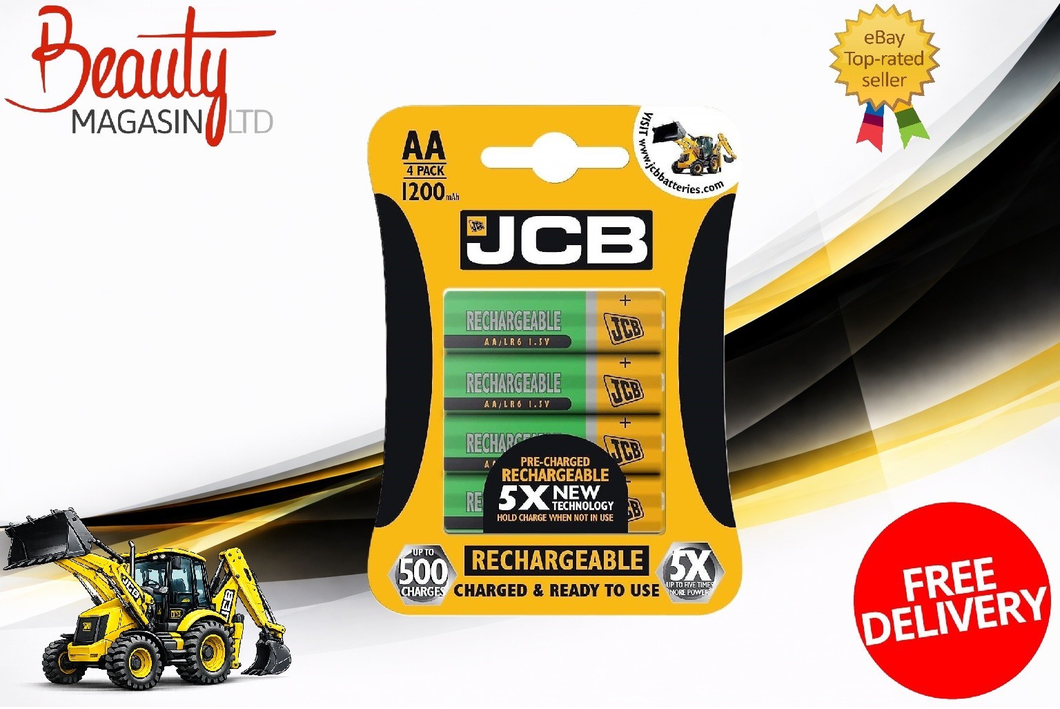 4 x JCB AA Rechargeable Batteries NiMH 1200mAh Pre-Charged High Power ...