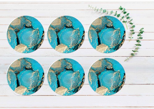 Blue Gold Splash Abstract Design Coasters Wood & Rubber - Set of 6 ...