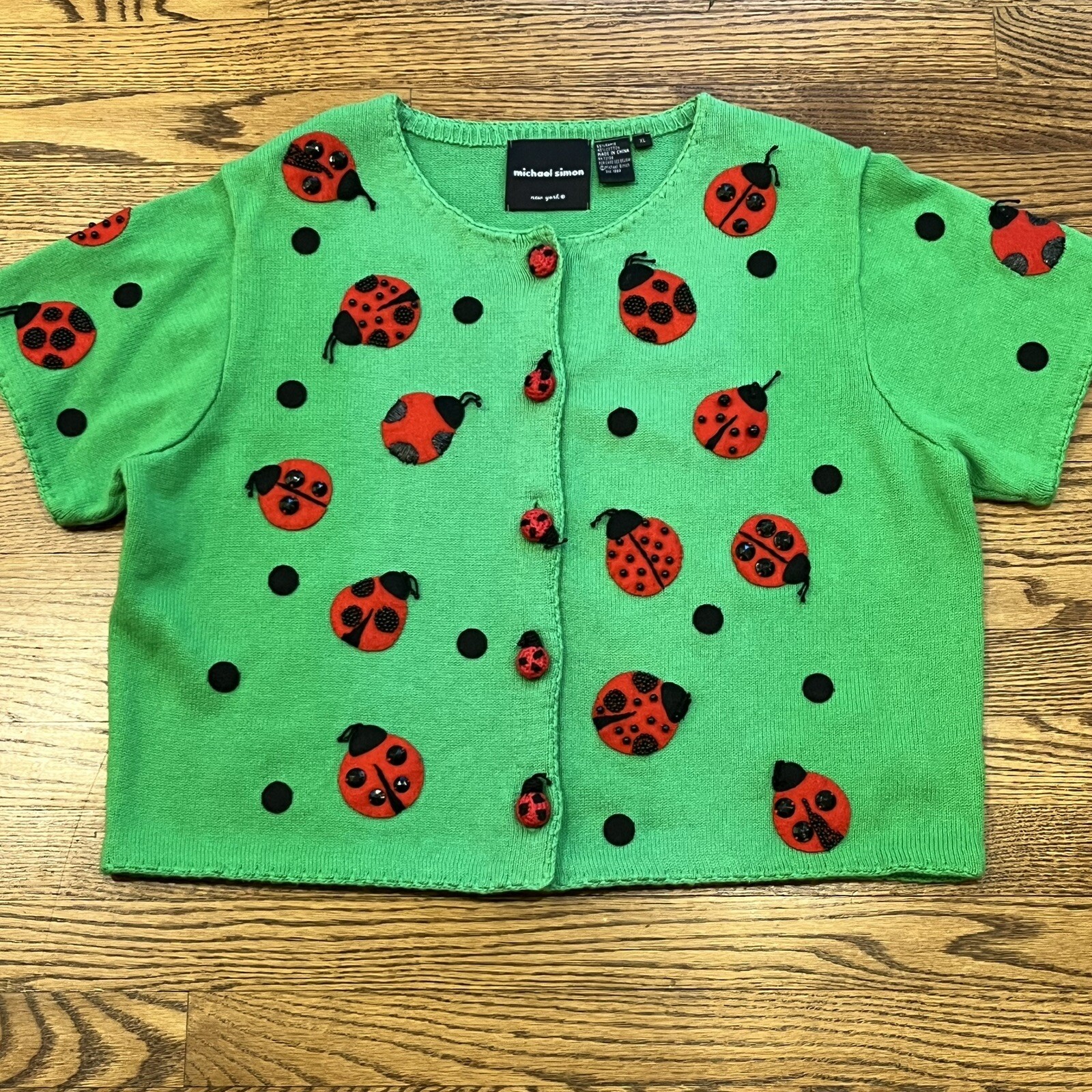 Vintage Michael Simon Green Ladybug Short Cardigan To… - Gem