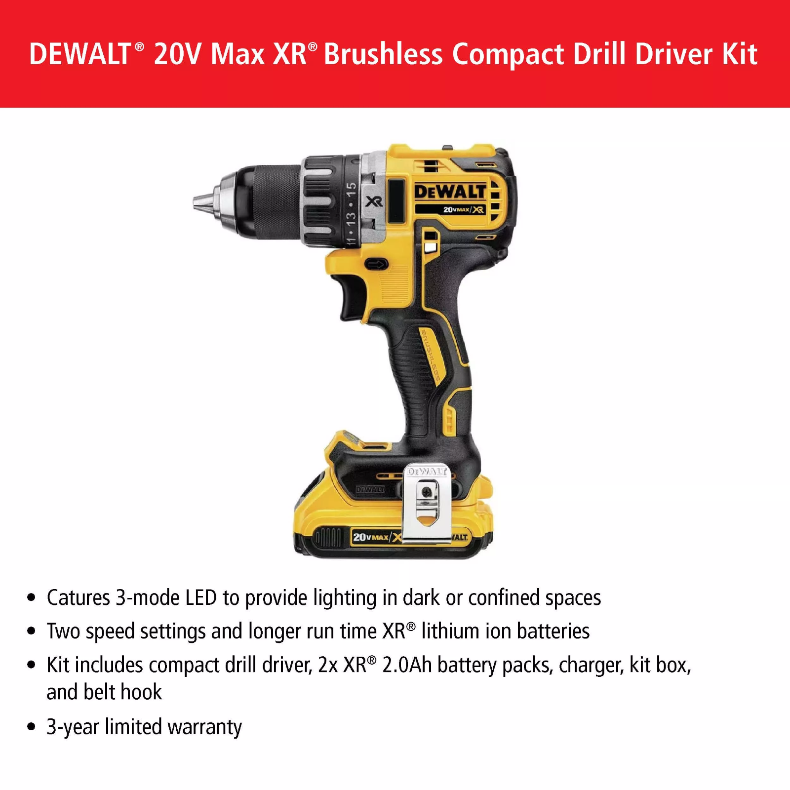 DeWalt DCD800D2 20V MAX XR Li-Ion 1/2" Drill Driver Kit w/ 2 Batts (2 ...